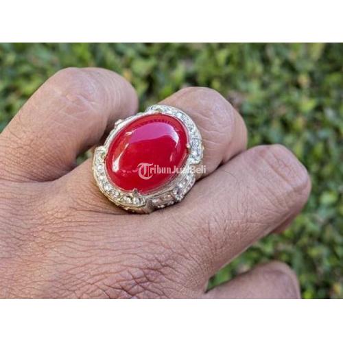 Cincin Giok Merah Elegan Natural Fisik Sempurna Tidak Cacat Ring Perak ...