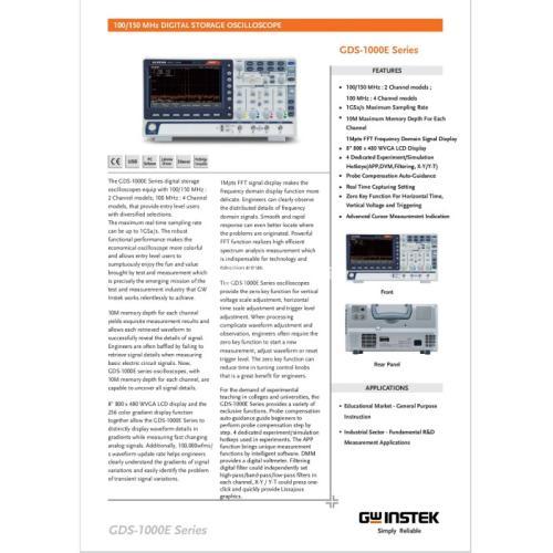GW Instek GDSdi1102E 100MHz, 2 Channels, Digital Storage Oscilloscope ...